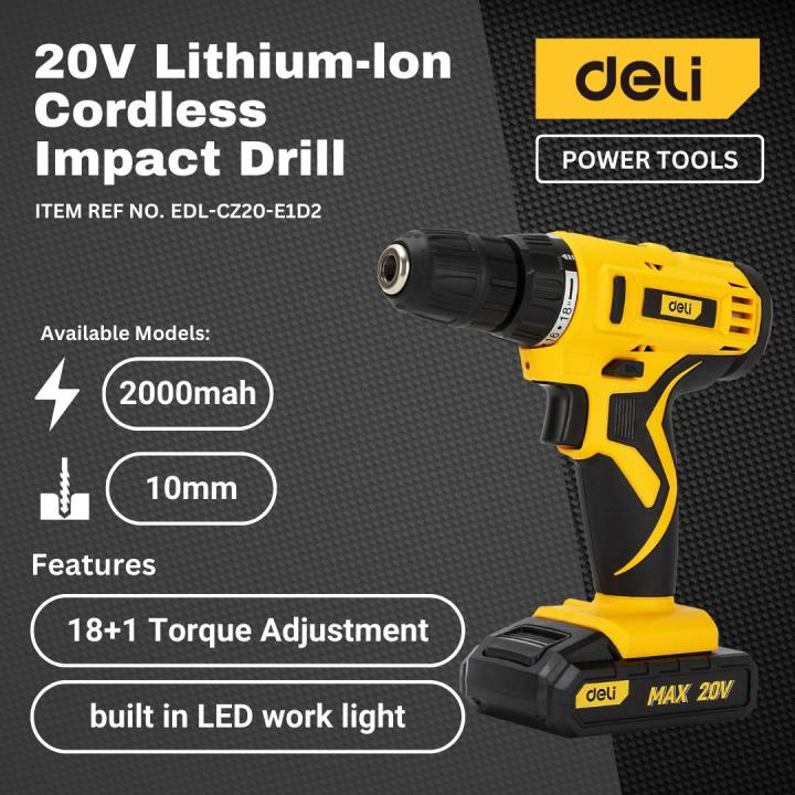 Deli Power Tools 20V Lithium-Ion Cordless Impact Drill 2000mah long ...