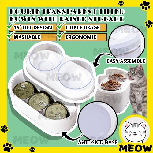 MEOW Transparent Double Storage Bowl Cat Food Bowl Anti-choke Slow ...