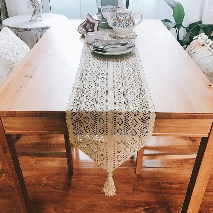 Ratro Pastoral Lace Table Runners with Tassel Simple Solid Table Runner ...