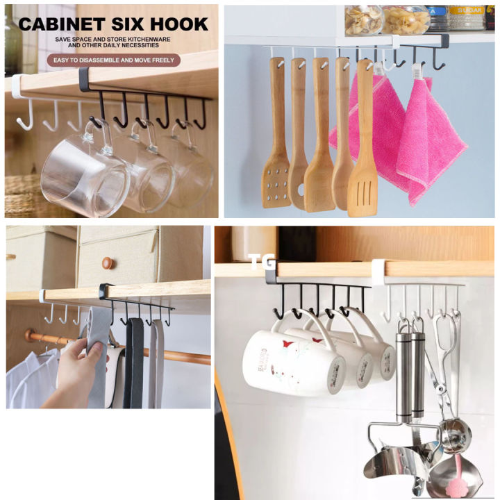 Multifunctional 6 Hooks Cup Holder Hang Kitchen Cabinet Shelf Storage ...