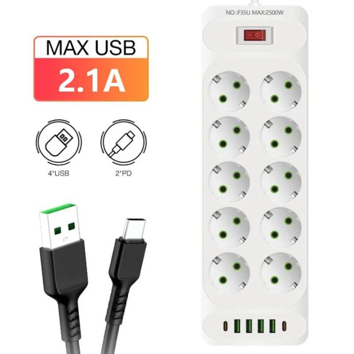 EU Plug Power Strip Extension Cable Multiprise 10 AC Outlets Electrical ...