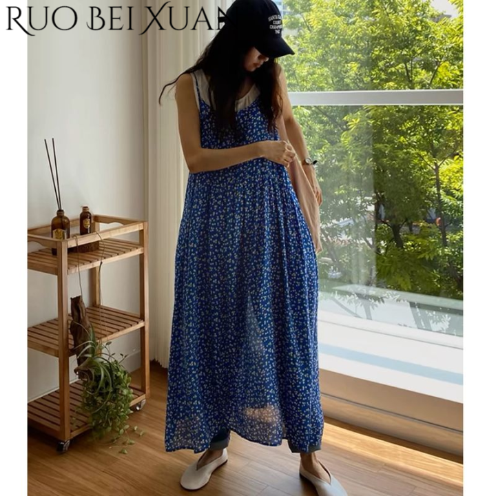 Ruo Bei Xuan แขนกุดลายดอกไม้น่ารักสไตล์เกาหลีสำหรับผู้หญิงชุดเดรสแม็ก ...