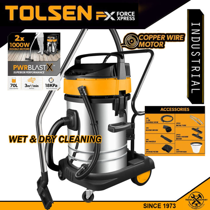 Tolsen Dual Motor Wet & Dry Vacuum Cleaner 70L (2x1000W) 79609 Industrial Grade | Lazada PH