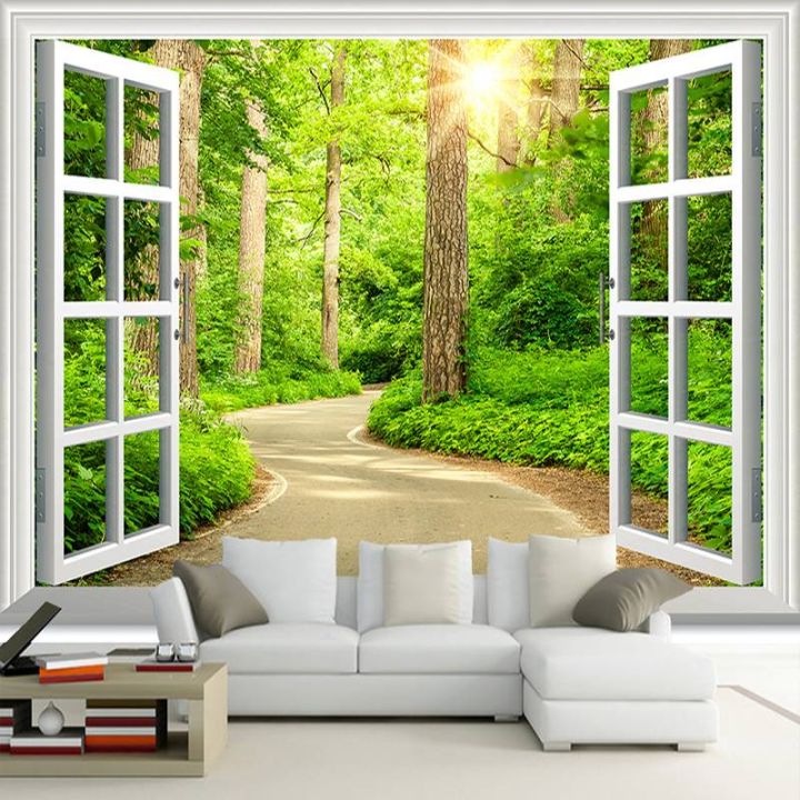 ที่กำหนดเอง3d วอลล์เปเปอร์รูปภาพสีเขียวแสงแดดถนนป่าหน้าต่างผนังทิวทัศน์