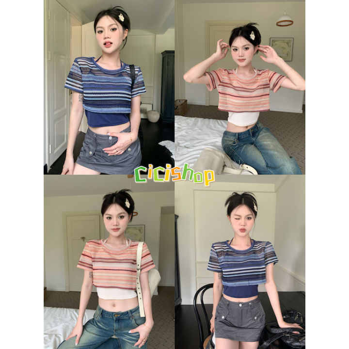 Cici(J667)SET 2 ชิ้น เสื้อครอปแขนสั้น+สายเดี่ยวคล้องคอ ตาข่ายลายทาง เเมทช์ง่ายใส่สบาย | Lazada.co.th