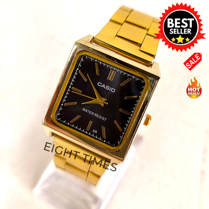 Casio Quartz Square Gold Strap Black Dial Stainless Steel Watch for Men ...