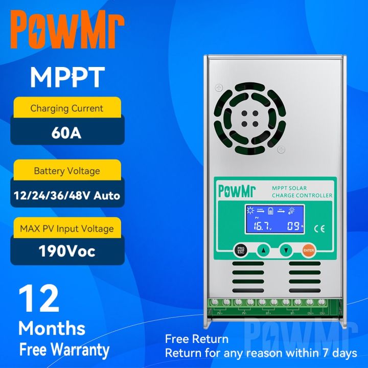 PowMr MPPT 60A โซล่าชาร์จเจอร์ ตัวควบคุมการเก็บประจุพลังงานแสงอาทิตย์ 12V 24V 36V 48V Max PV 190 ...