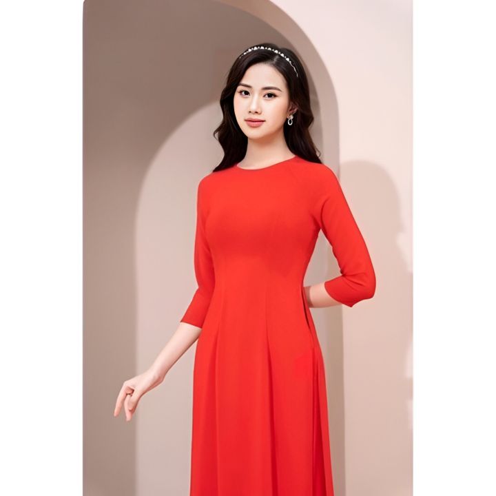 Áo dài 2 tà cổ tròn tay lỡ - Đỏ tươi - Áo Dài PT | Lazada.vn