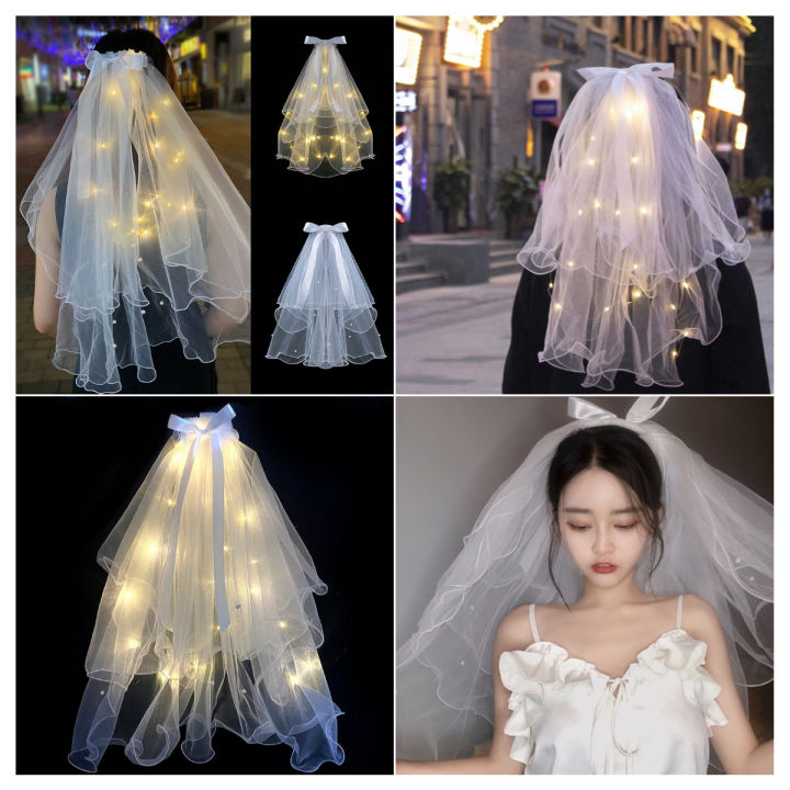 Luminous Wedding Head Veil Beading Fairy Ribbon Bow Knot Shining with ...