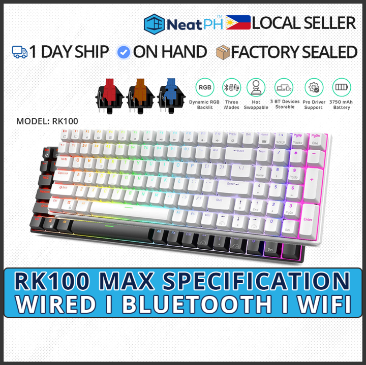 RK ROYAL KLUDGE RK100 100-key Wired/Bluetooth/2.4G Wireless Mechanical ...