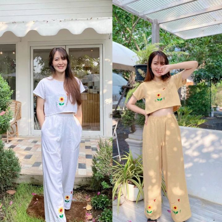 ชุดผ้าฝ้ายBY PHAKA SUNNY SET | เซตผ้าฝ้าย 3 ชิ้น ลายปักดอกทานตะวัน ดีเทลผูกหลังน่ารักมากๆ ...