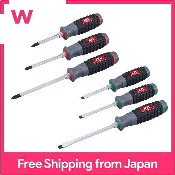 KTC Phillip Slotted Flat Screwdrivers - Elastomer Resin Grip D1P2 (Ph1-3) , D1M2 (5.5-8 mm) with ...