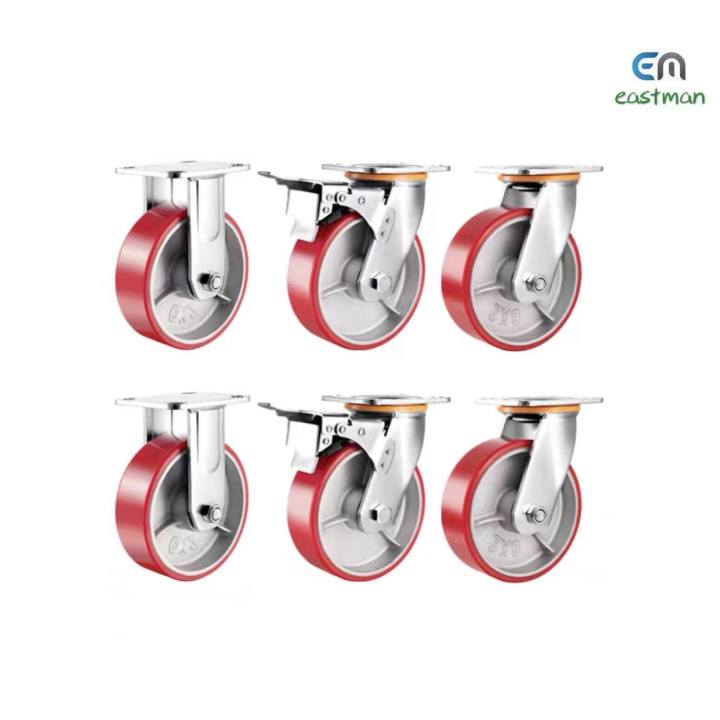 HEAVY DUTY 1pc PU METAL CASTER WHEEL RED COLOR 8" INCH FIXED,SWIVEL ...