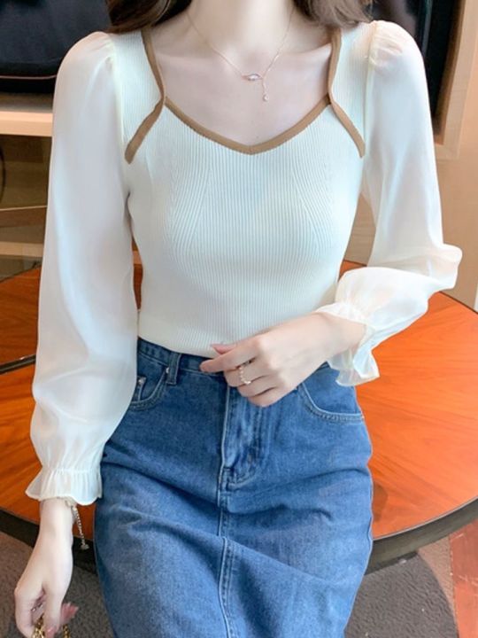 XJXJ.SHOP เสื้อคอกว้างแขนชีฟอง | Lazada.co.th