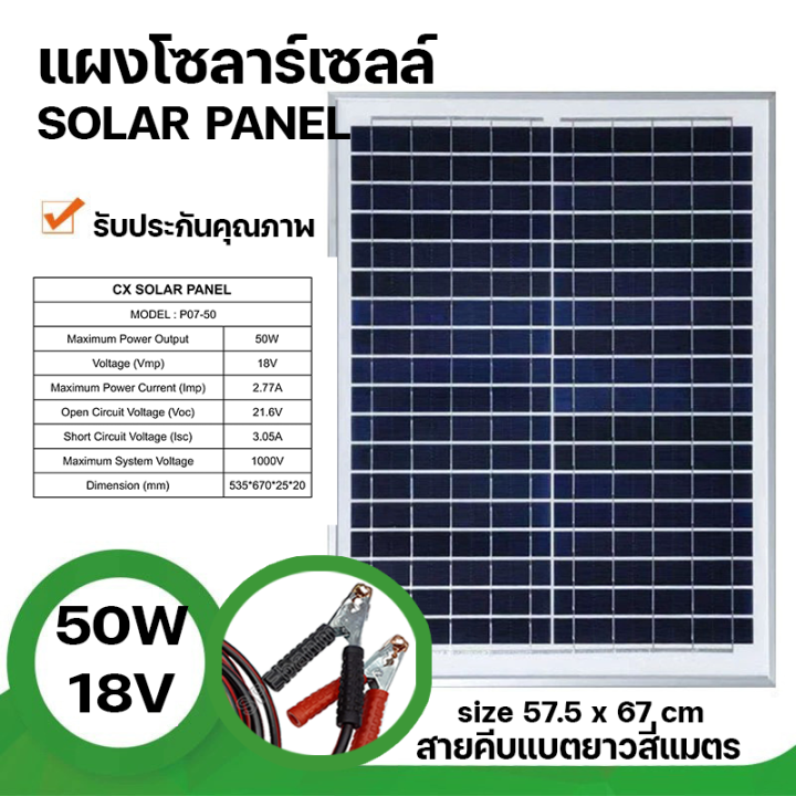 Strong แผงโซล่าเซลล์ 18V (20W-50W) สายยาวสี่เมตร+ที่คีบแบต Solar Cell ...