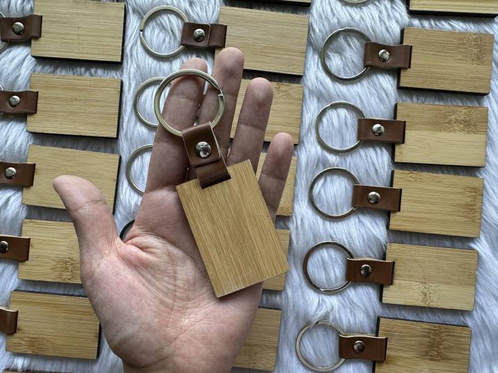 Big Wooden Rectangle Keychain with Leather | Bamboo | PLAIN NO ENGRAVE ...
