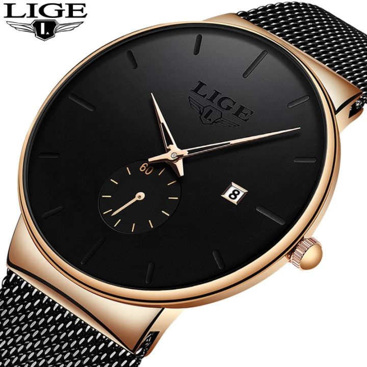 LIGE Watch Men Fashion Sports Thin Wrist Watch With Calendar Mesh Steel ...
