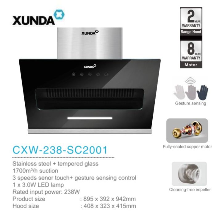 XUNDA CXW-238-SC2001 STAINLESS STEEL+TEMPERED GLASS 1700m3/h POWER SUCTION WITH 3 SPEEDS SENSOR ...