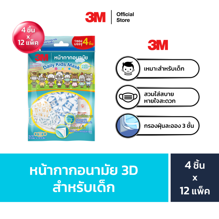 3M™ หน้ากากอนามัย 3D สำหรับเด็ก Daily Mask, กรองฝุ่นละออง 3 ชั้น, 4 ...