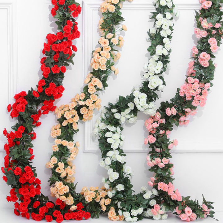 2.5m 45Pcs Flowers Silk Artificial Rose Flower Rattan with Green Leaves ...