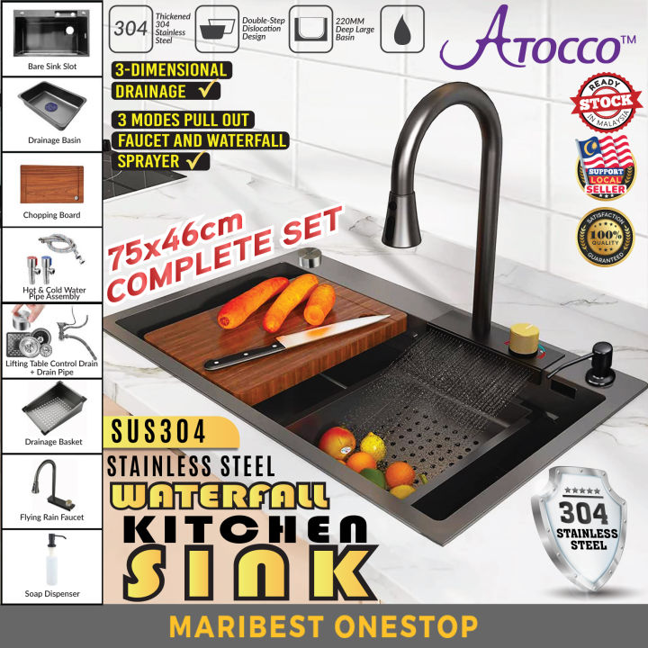Stainless Steel Waterfall Kitchen Sink with Pull Out Faucet Soap ...