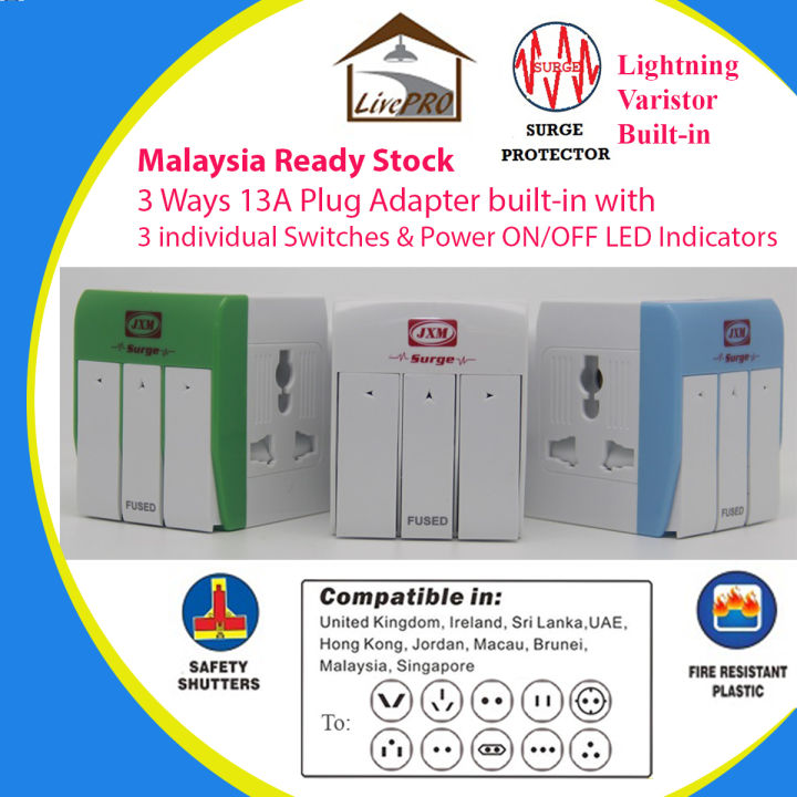 LivePRO Lighnting Varistor Built-in 3Way 13A 250Vac Plug Adapter with 3 ...