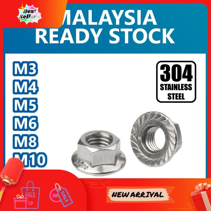 ⭐LOW PRICE⭐ Flange Nut 304 Stainless Steel M3 M4 M5 M6 M8 M10 M12 DIN6923 Hexagon Hex Nut | Lazada