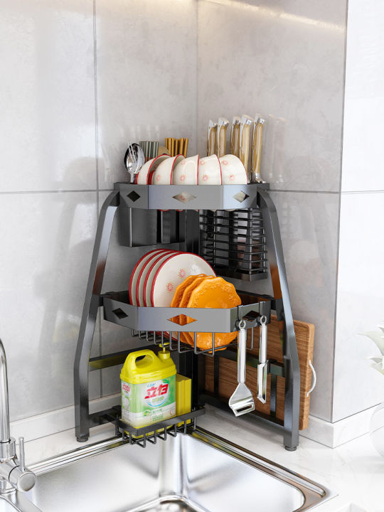 Kitchen corner sink rack dish storage rack multifunctional corner dish ...