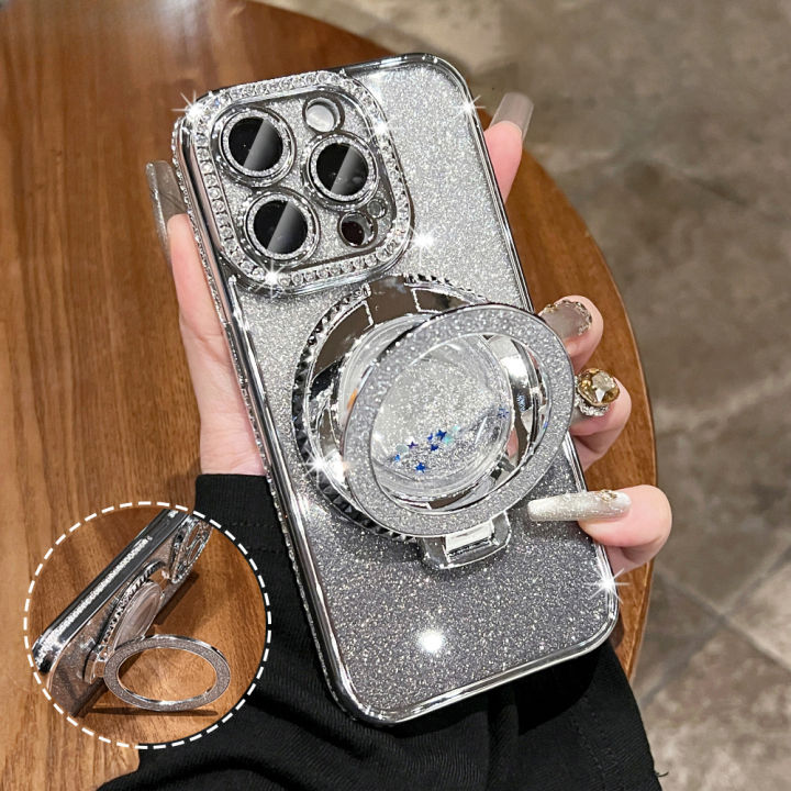 Luxury Plating Glitter Diamond Quicksand Ring Holder For Magsafe Magnetic Case For iPhone 16 15 ...