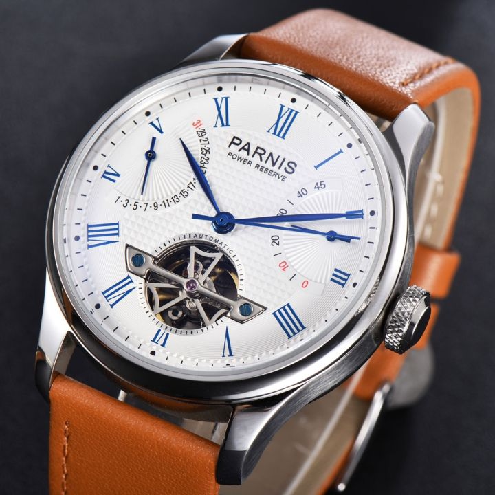 ☊Parnis หน้าปัดสีขาว43มม. สำหรับผู้ชายนาฬิกาข้อมือผู้ชายเงินเคสนาฬิกา ...