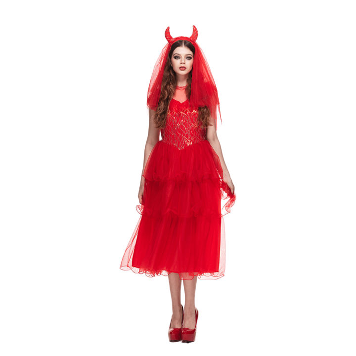 Adult Womens Red Devil Bride Costume Villainous Demon Halloween Wedding ...