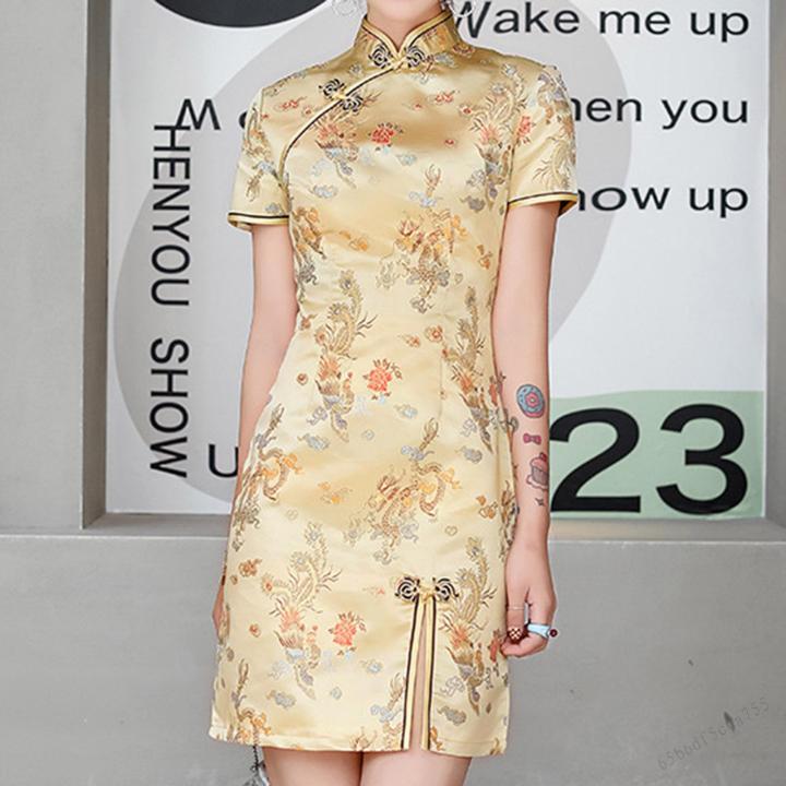 Women's Chinese Cheongsam Dress Dragon Pattern Print Dress Qipao Mini ...