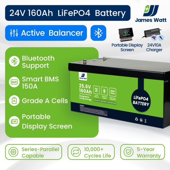 James Watt 24V 160Ah LiFePO4 Battery Active Balancer & Smart BMS 150A ...