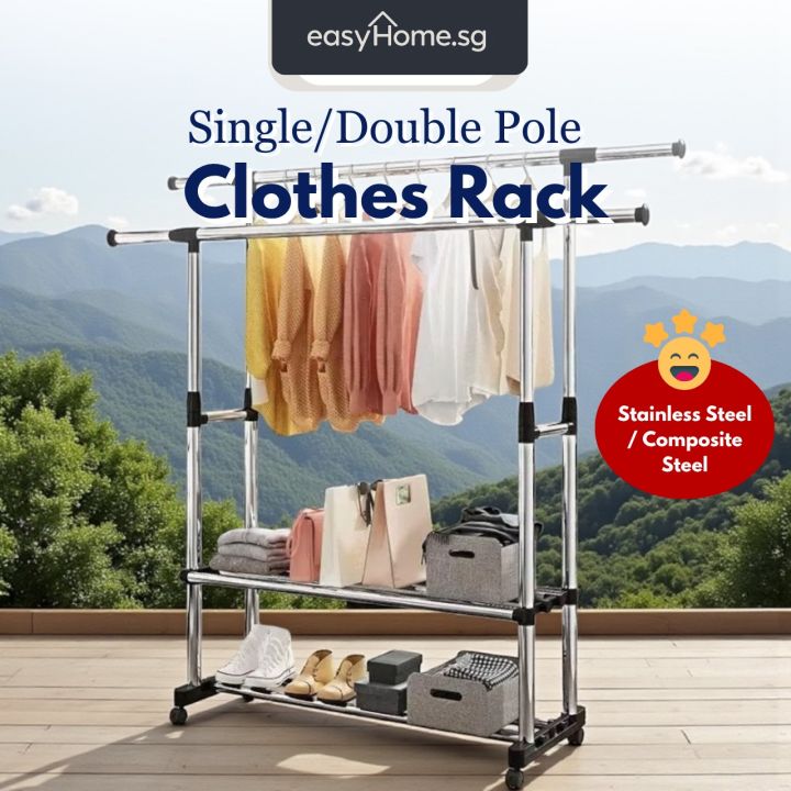 Easyhome.sg Adjustable Single/Double Pole Clothes Rack with Wheels ...