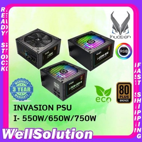 Invasion i550 / i650 / i750 RGB 80+ Bronze Eco Series Semi Modular Power Supply 550W / 650W ...