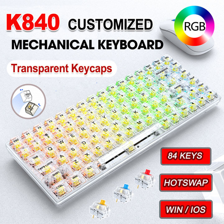 K840คีย์ Hotswap 84คีย์คีย์บอร์ดแบบกลไก RGB แป้นพิมพ์ที่กำหนดเองโปร่งใส Keycap Type-C แป้นพิมพ์ ...