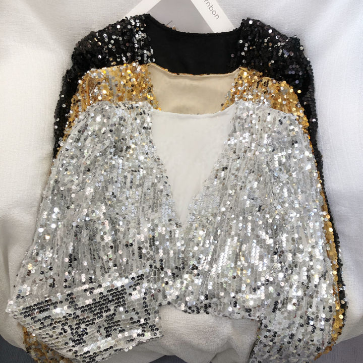glitter jacket V neck gold cardigan outfit for women Long Sleeve ...