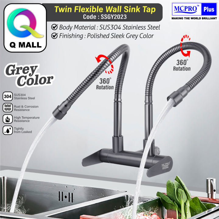MCPRO SUS304 Stainless Steel GUN GREY Flexible Twin Wall Sink Water Tap ...