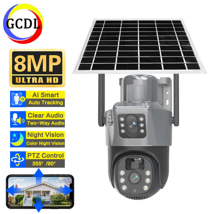 V380 Pro 8MP Dual Lens PTZ Wireless Solar Camera Dual Screens Audio PIR Human Tracking Outdoor ...