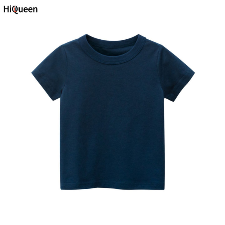 HiQueen เสื้อยืดคอกลมลำลองสำหรับเด็ก,เสื้อผ้าฝ้ายแขนสั้นสีทึบแบบเรียบ ...