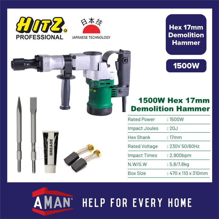 HITZ 1500W Hex Demolition Hammer Break Concrete Chisel Electric Hammer ...