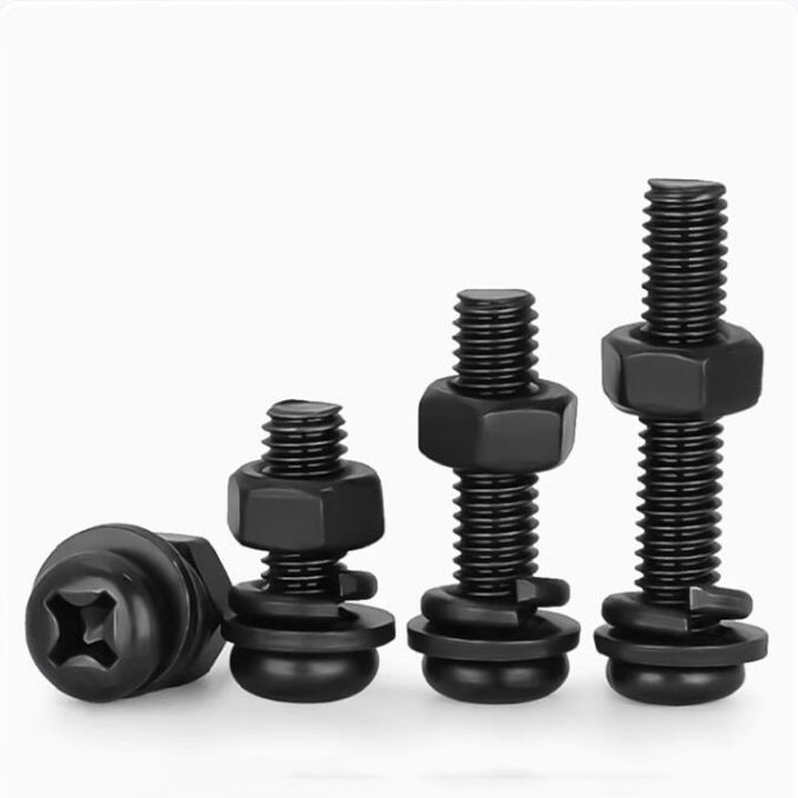 Black Carbon Steel Round Head Cross Screw Nut Set with Extended Pan Head Screw Flat Spring ...