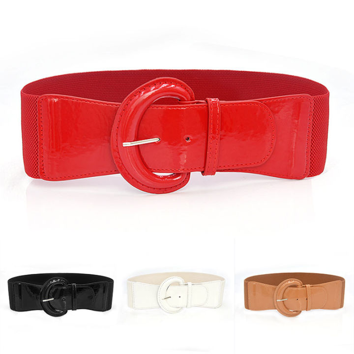 Abram8 Women Luxury Waist Belts For Dress Pu Patent Leather Elastic Band Waist Belt Solid Black