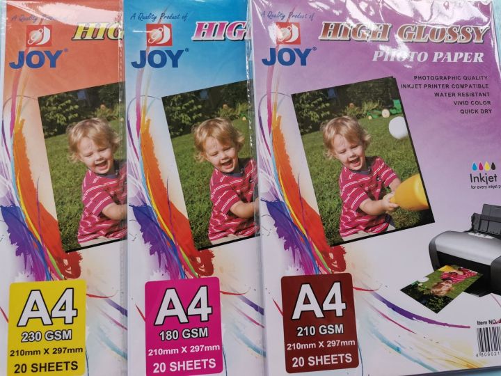 Joy Photo Paper Glossy A4 180gsm/210gsm/230gsm 20 sheets per pack ...