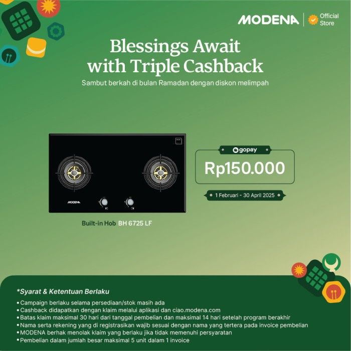 Modena BH 6725 LF - kompor tanam 2 tungku full kuningan | Lazada Indonesia