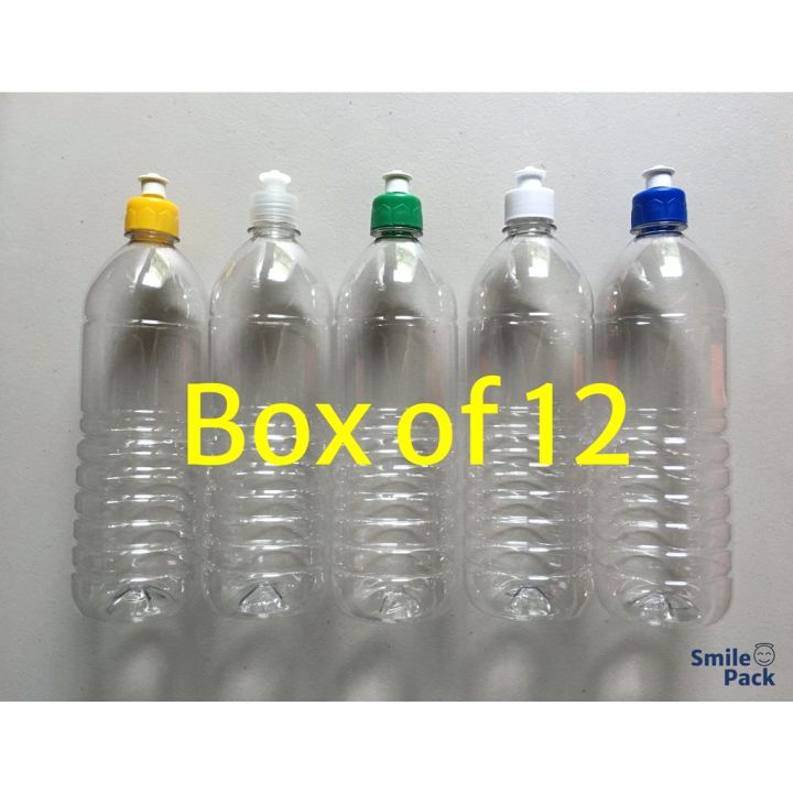 PET Plastic Bottle 1 liter - BOX of 12 pcs 1L with Sports Caps / Pull Up Caps for Juice ...
