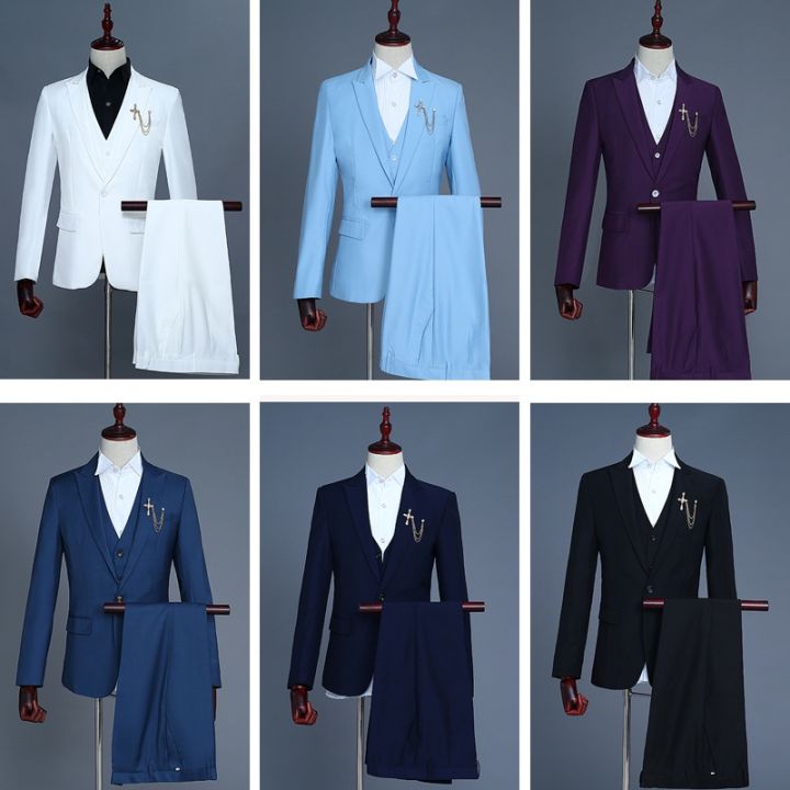 Men's groom dress 3pcs set vest+blazer+pants costumes host emcee suit ...