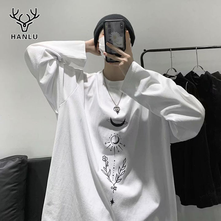 Hanlu ใหม่อินเทรนด์แบรนด์แขนยาวเสื้อยืดผู้ชายฤดูใบไม้ผลิหลวมเสื้อยืด ...