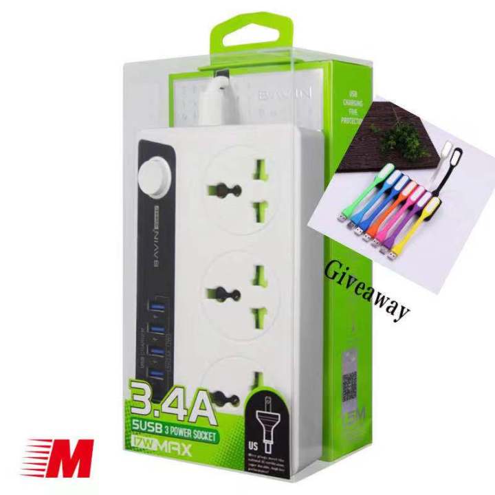 BAVIN 3 Power Socket Extension 5 USB Slot 3.4A Universal AC USB Charger ...