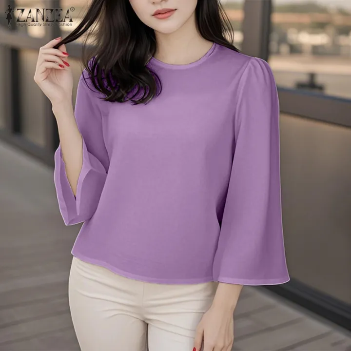 ZANZEA Korean Style Women Elegant Casual Crew Neck Solid Blouses Three ...